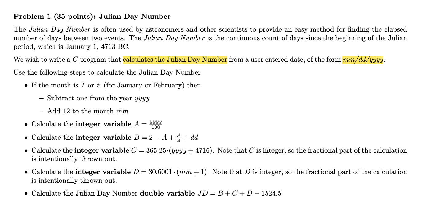 Solved Problem 1 (35 points): Julian Day Number The Julian | Chegg.com