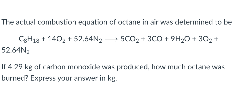 Solved The actual combustion equation of octane in air was | Chegg.com