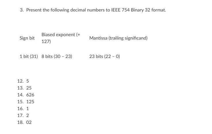 Solved 3. Present the following decimal numbers to IEEE 754 | Chegg.com