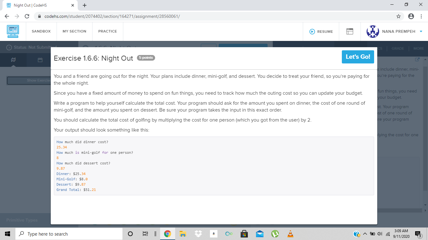 Solved Night Out CodeHS + C | Chegg.com