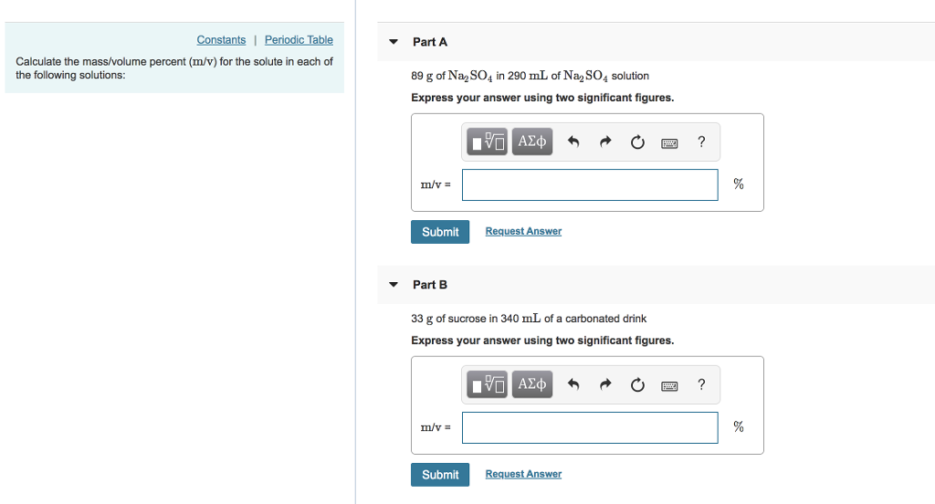 Solved Part A Calculate the mass/volume percent (m/v) for | Chegg.com