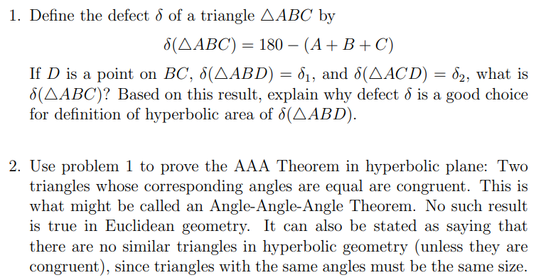 Solved 1. Define the defect δ of a triangle ABC by | Chegg.com