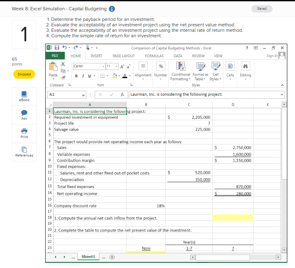 Solved Week 8: Excel Simulation - Capital Budgeting 0 Saved | Chegg.com