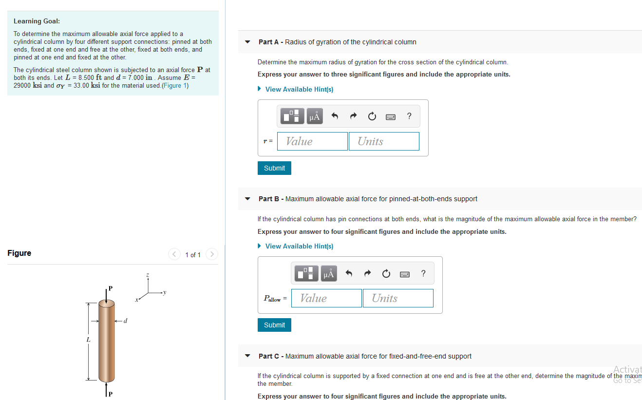 Solved Part A - Radius of gyration of the cylindrical column | Chegg.com