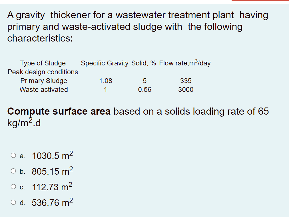 Solved A gravity thickener for a wastewater treatment plant | Chegg.com