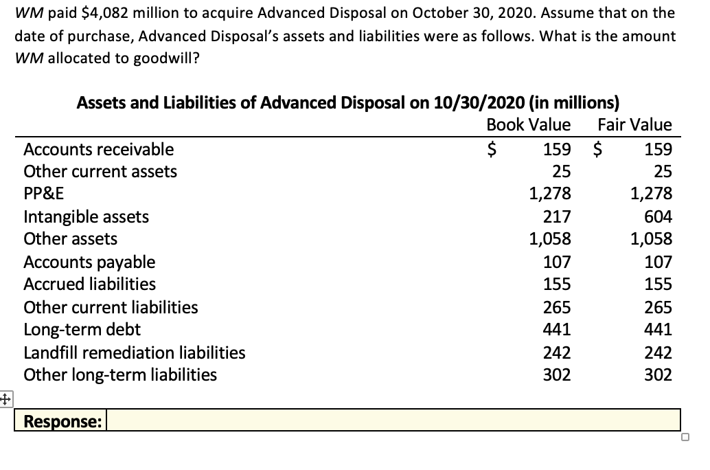 Solved WM paid $4,082 million to acquire Advanced Disposal | Chegg.com