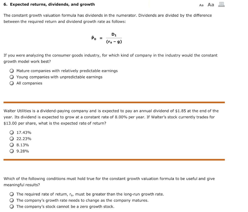 Solved 6. Expected returns, dividends, and growth Aa Aa The | Chegg.com