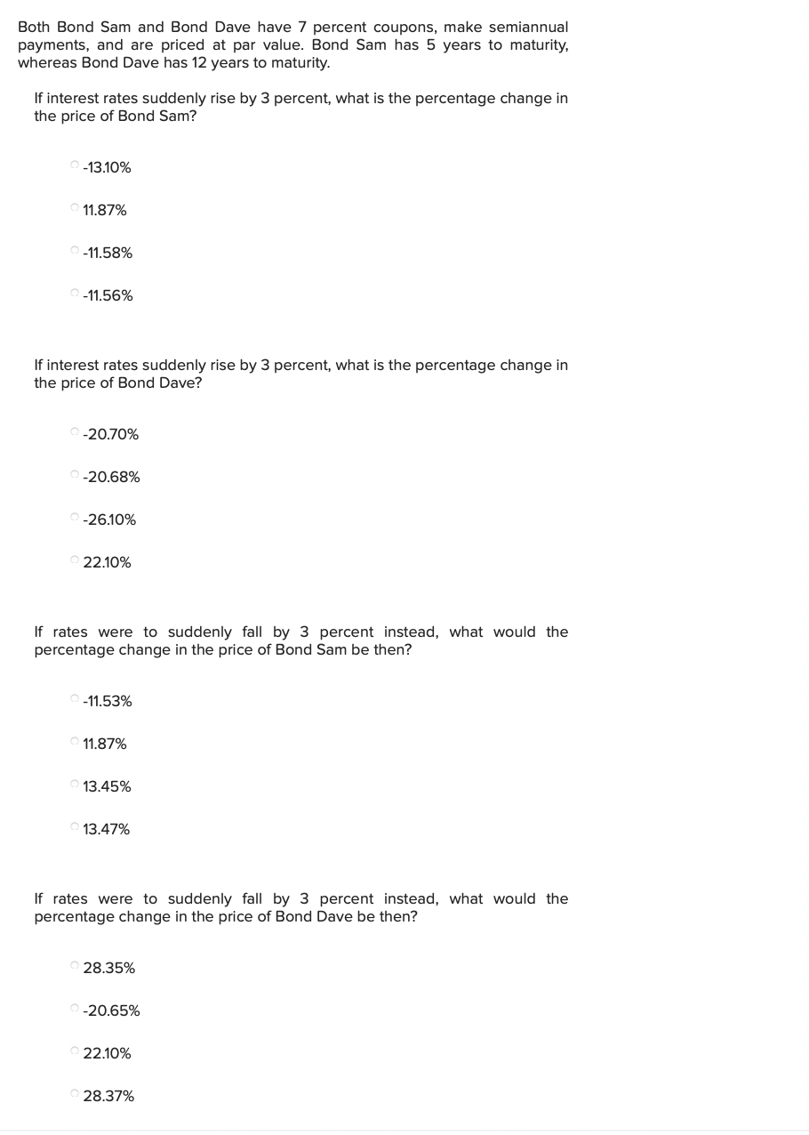 Solved Both Bond Sam and Bond Dave have 7 percent coupons, | Chegg.com