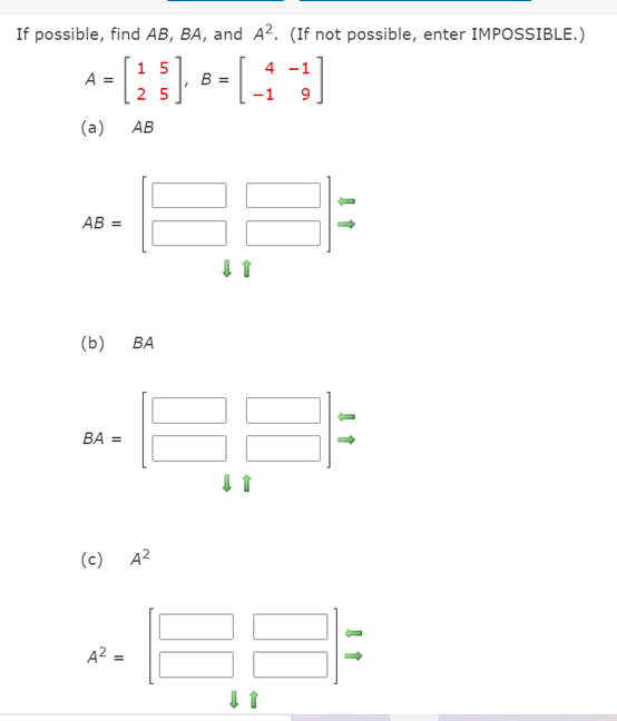Solved If possible, find AB, BA, and A2. (If not possible, | Chegg.com