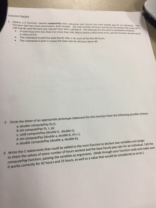 Solved 1 Define A C Function Named Computepay That 