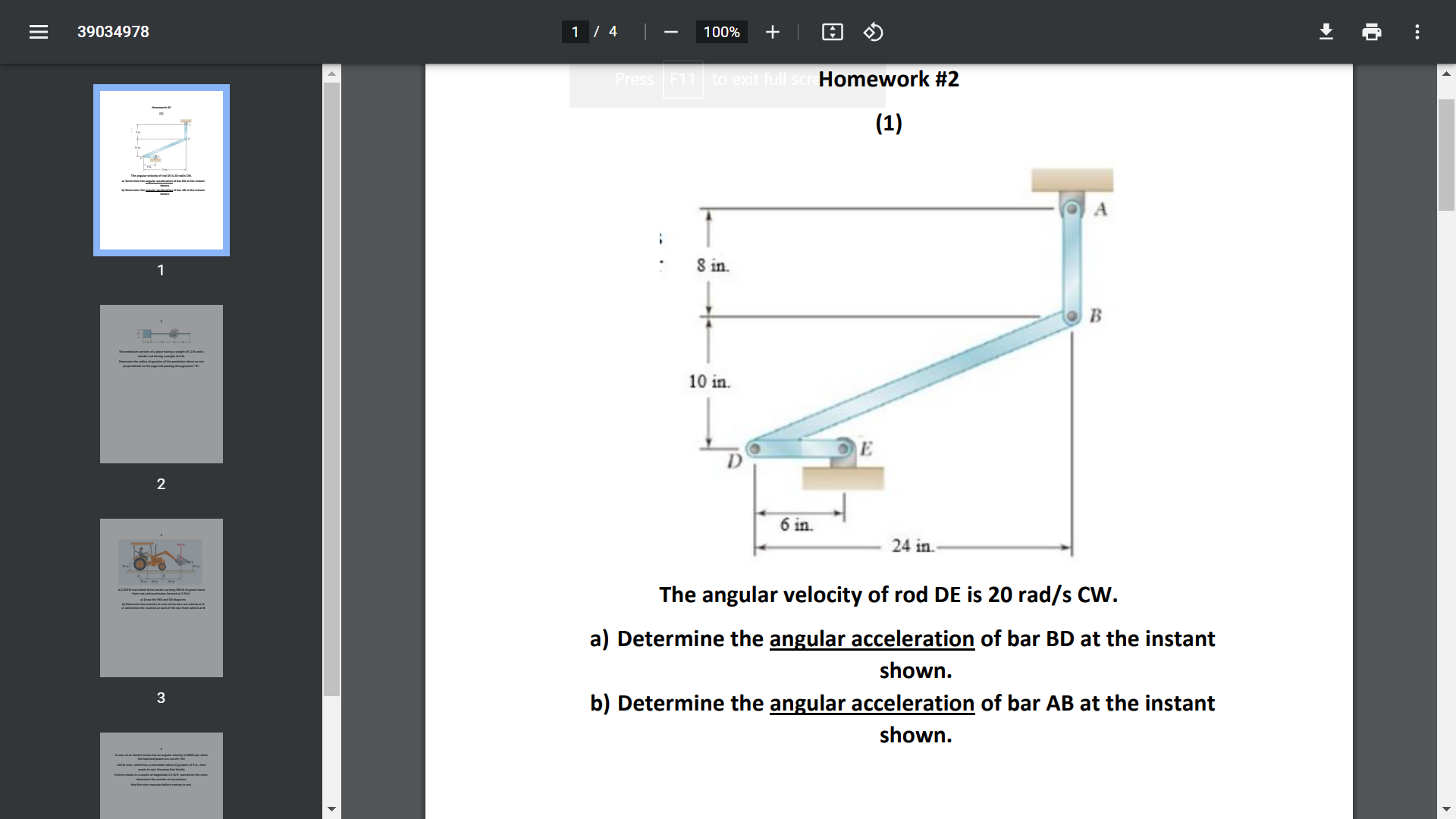 Solved Homework #2 (1) The angular velocity of rod DE is | Chegg.com