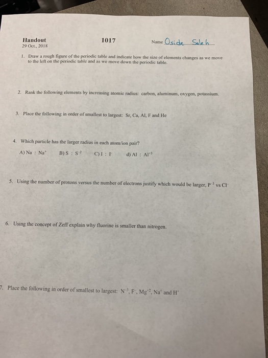 Solved Handout 29 Oct., 2018 Name Oside Saleh 1017 Draw a | Chegg.com