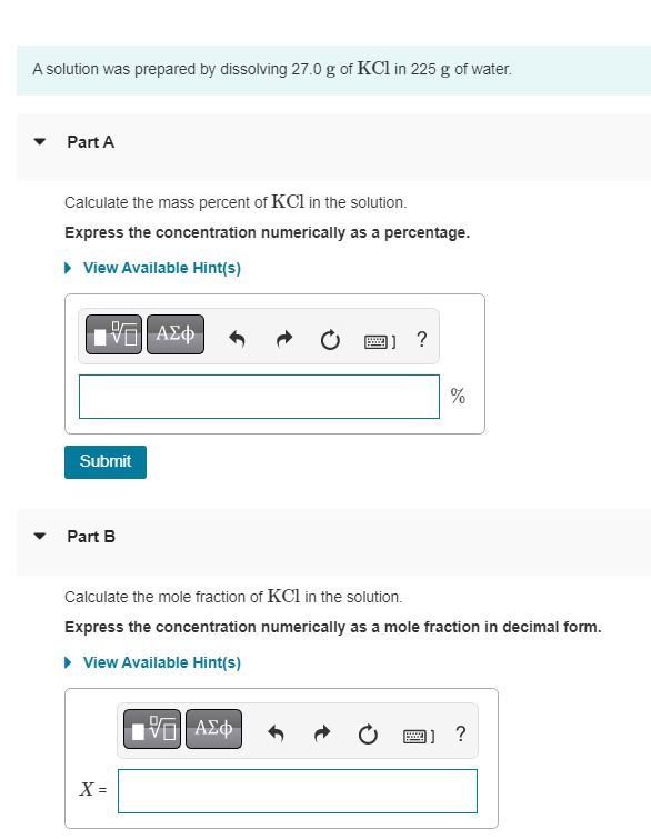 Solved A solution was prepared by dissolving 27.0 g of KCl | Chegg.com