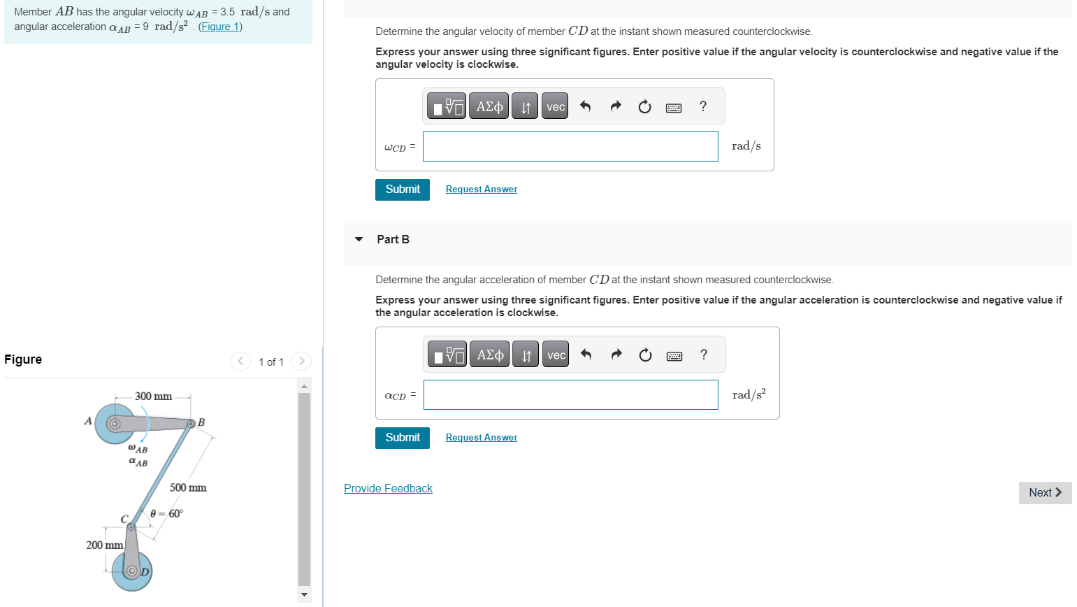 Solved Member AB ﻿has the angular velocity ωAB=3.5rads | Chegg.com