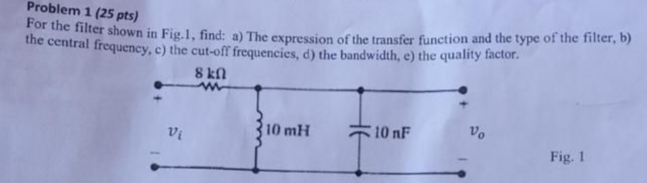Solved For the filter shown in Fig.l, find: a) The | Chegg.com