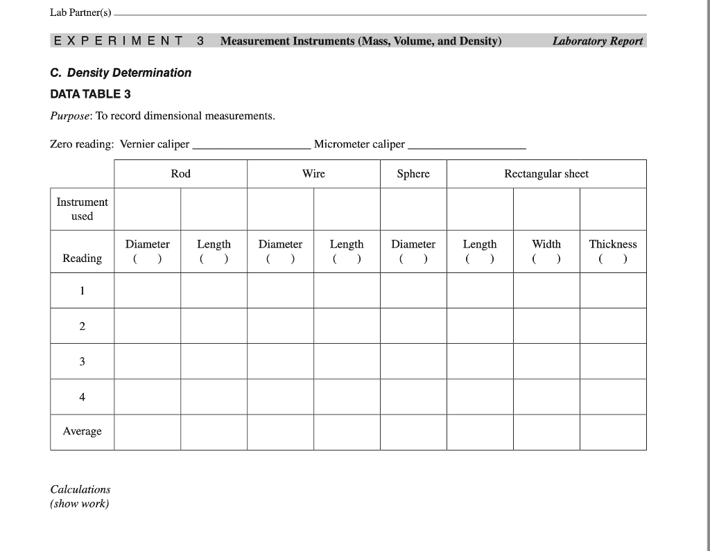 Lab Partner(s) EXPERIMENT 3 Measurement Instruments | Chegg.com