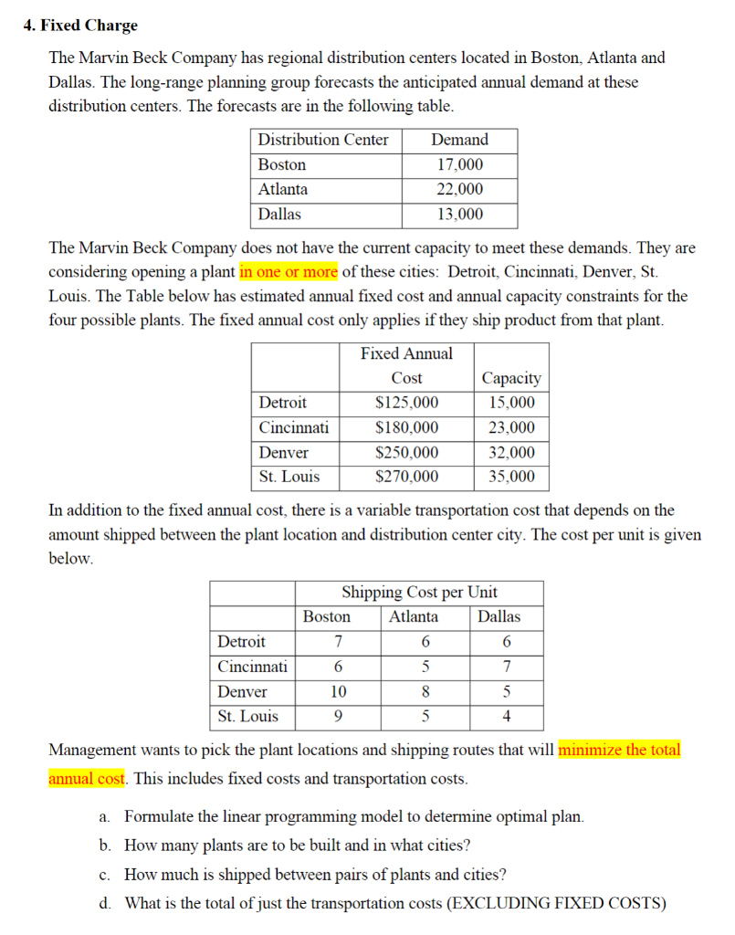 Solved 4. Fixed Charge The Marvin Beck Company has regional | Chegg.com