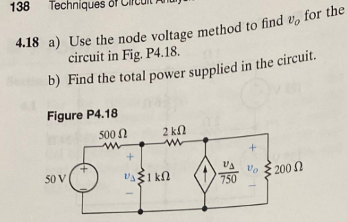 Solved 4.18 a) Use the node voltage method to find v0 for | Chegg.com