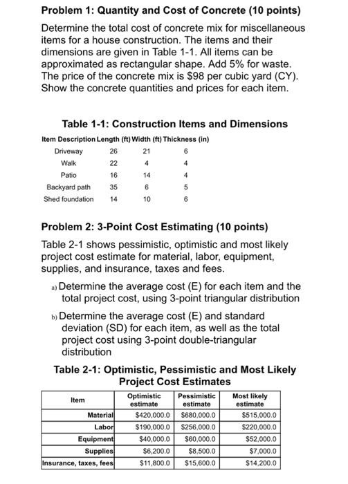 Solved Problem 1: Quantity and Cost of Concrete (10 points) | Chegg.com