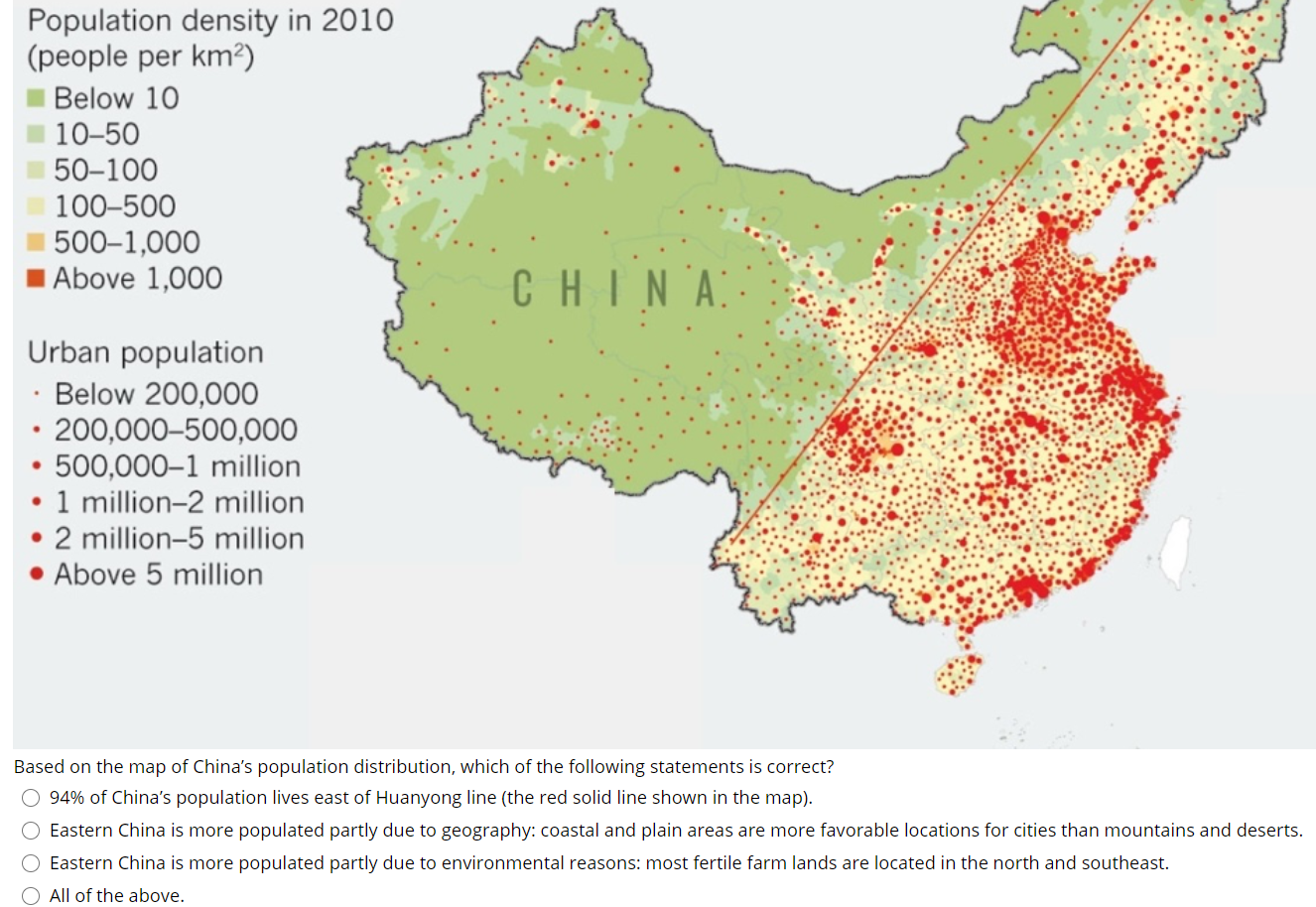 Solved Population density in 2010 (people per km2) Below 10 | Chegg.com