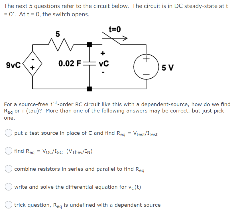 Solved For a source-free 1st-order RC circuit like this | Chegg.com