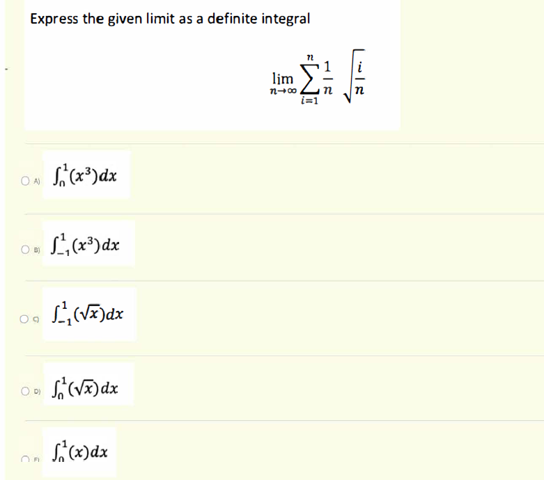 Solved Express the given limit as a definite integral Σ:: | Chegg.com