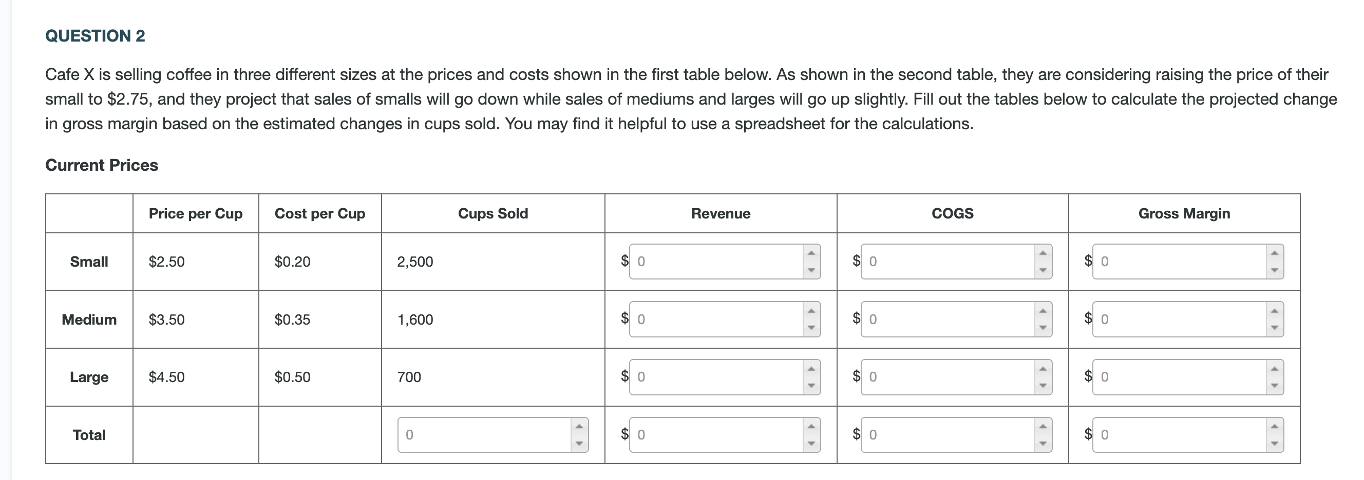 Solved Cafe X is selling coffee in three different sizes at | Chegg.com