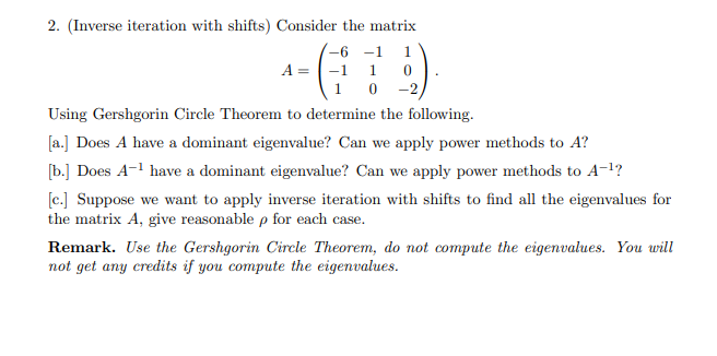 Solved 2. (Inverse iteration with shifts) Consider the | Chegg.com