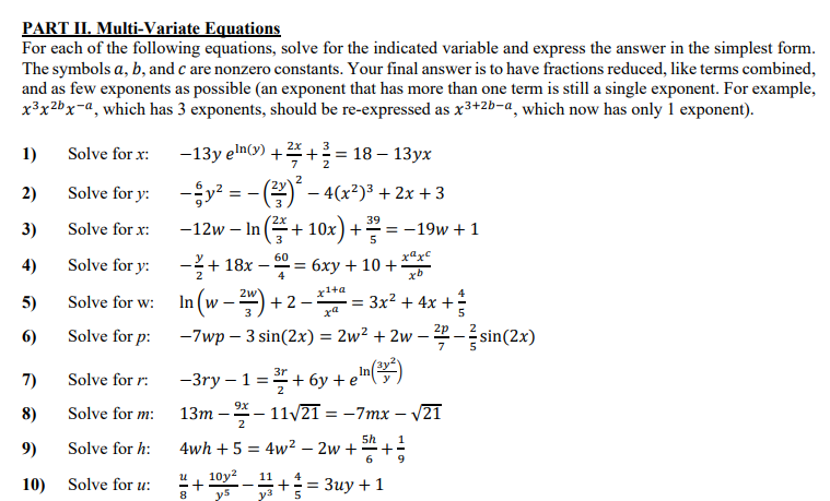 Solved PART II. Multi-Variate Equations For each of the | Chegg.com
