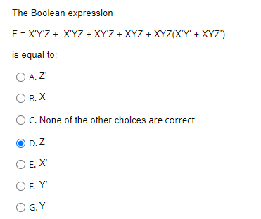 Solved The Boolean expression F = X'YZ + X'YZ + XYZ + XYZ + | Chegg.com