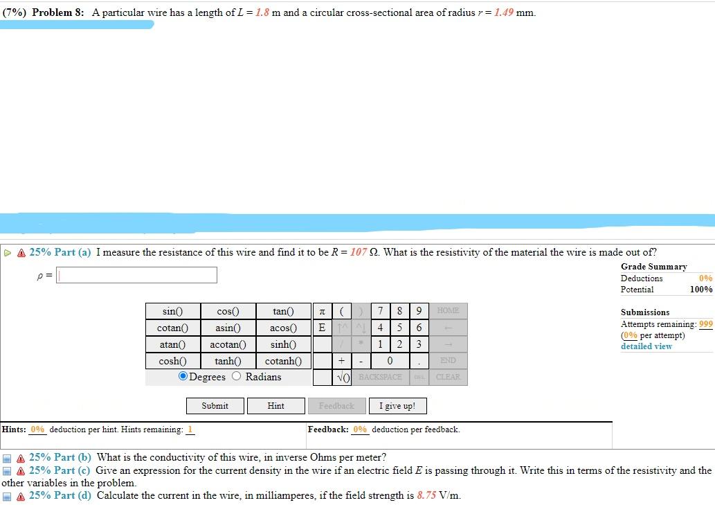 Solved (7\%) Problem 8: A particular wire has a length of \( | Chegg.com