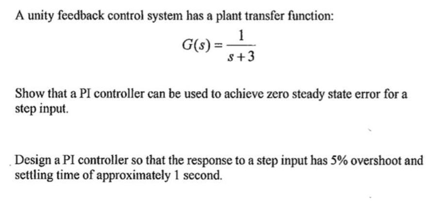 Solved A unity feedback control system has a plant transfer | Chegg.com