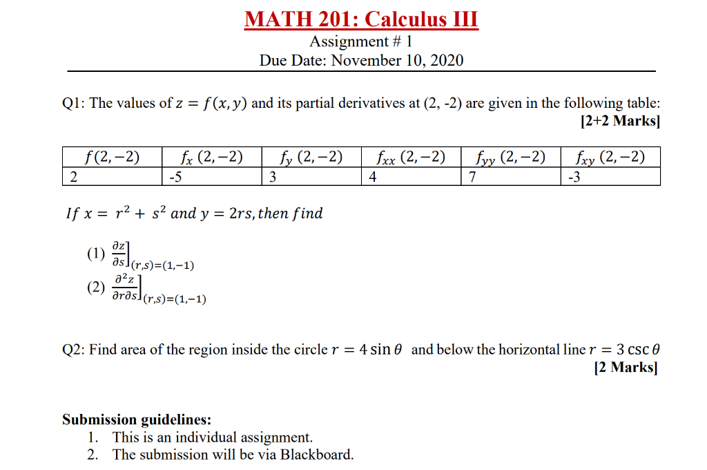 Solved MATH 201: Calculus III Assignment # 1 Due Date: | Chegg.com