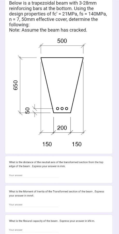 Solved Below is a trapezoidal beam with 3−28 mm reinforcing | Chegg.com