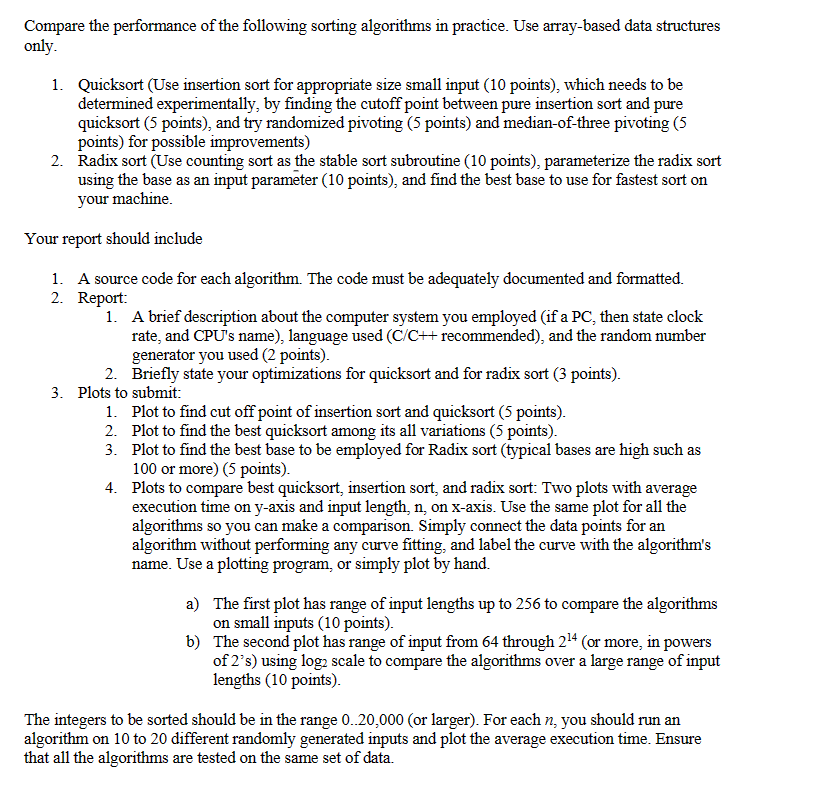 Solved Compare the performance of the following sorting | Chegg.com