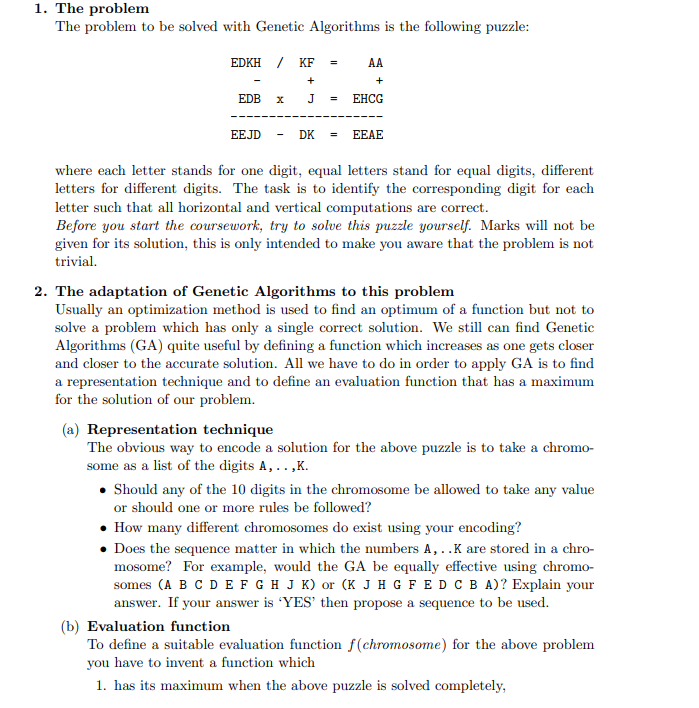 Solved 1. The problem The problem to be solved with Genetic | Chegg.com