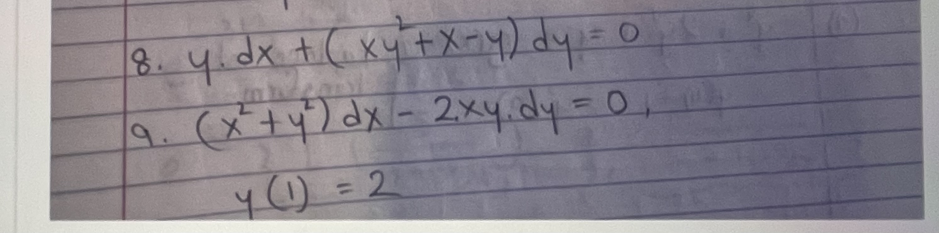 Solved 1. dx+(xy2+x−y)dy=0(x2+y2)dx−2xy⋅dy=0y(1)=2 | Chegg.com