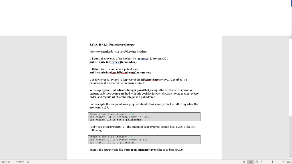 Solved JAVA HA6.0: Palindrome Integer Wrie woethods with the | Chegg.com