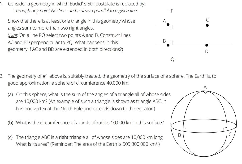 Solved 1. Consider a geometry in which Euclid's 5th | Chegg.com