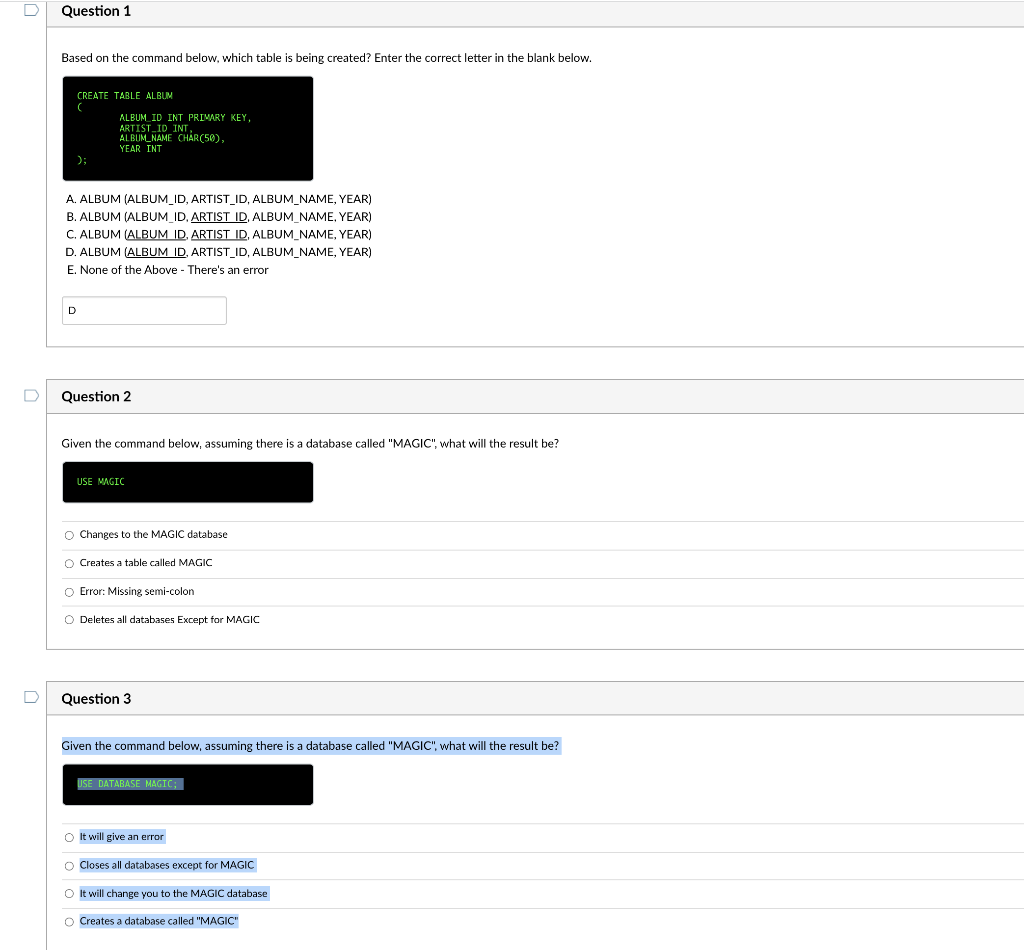 Solved D Question 1 Based on the command below, which table | Chegg.com