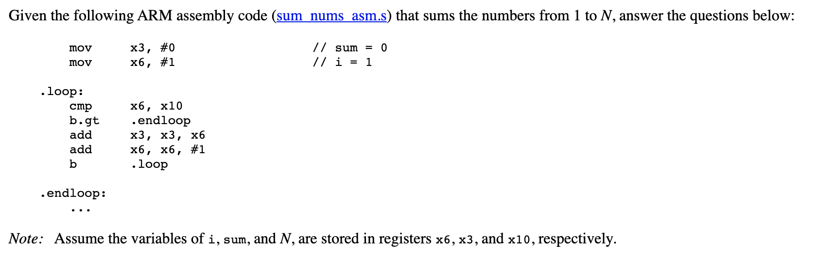 Solved Given the following ARM assembly code (sum nums | Chegg.com