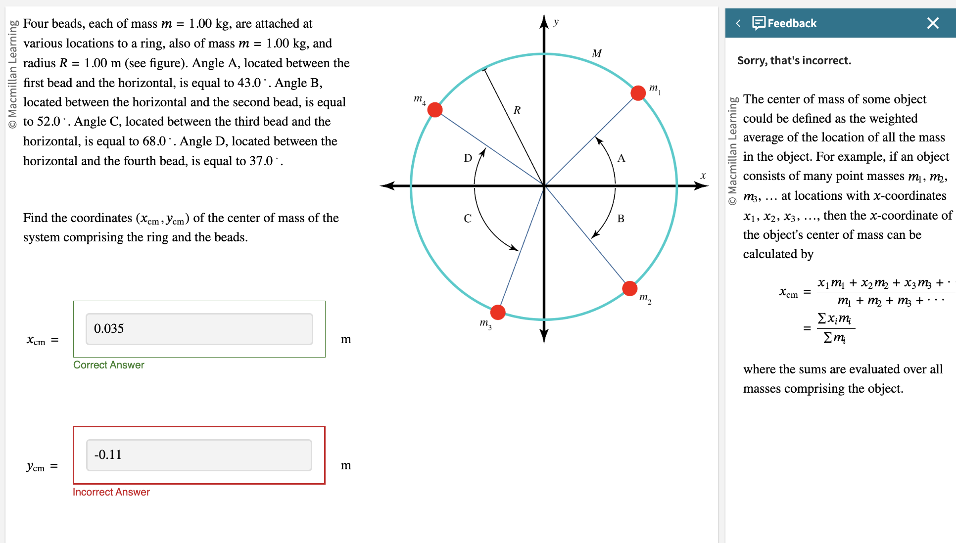 Solved Four beads, each of ﻿mass m=1.00kg, ﻿are attached | Chegg.com