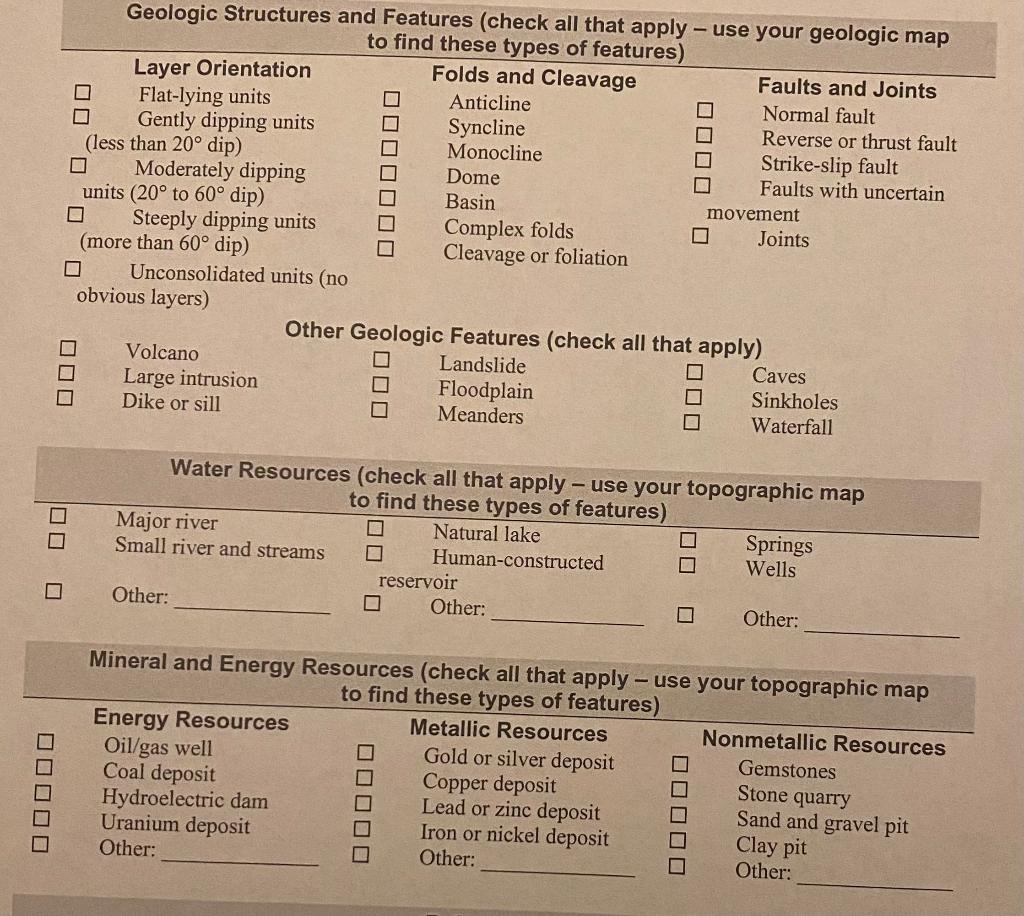 Solved Geologic Structures and Features (check all that | Chegg.com