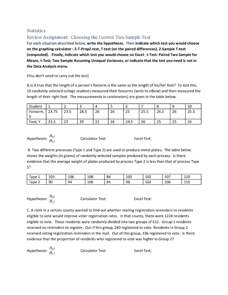 Statistics Review Assignment: Choosing the Correct | Chegg.com