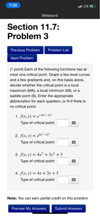 Solved LTE Webwork Section 11.7: Problem 3 Previous Problem | Chegg.com