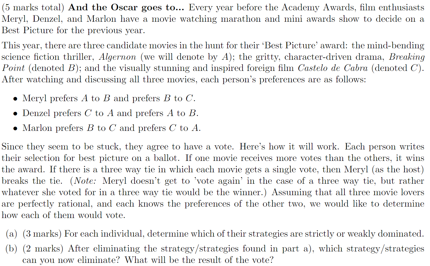 (5 marks total) And the Oscar goes to... Every year | Chegg.com