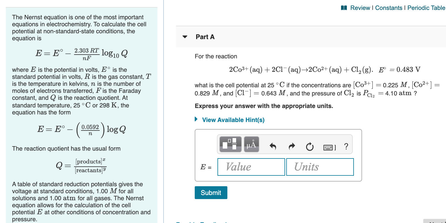 Solved A Review | Constants | Periodic Table The Nernst | Chegg.com