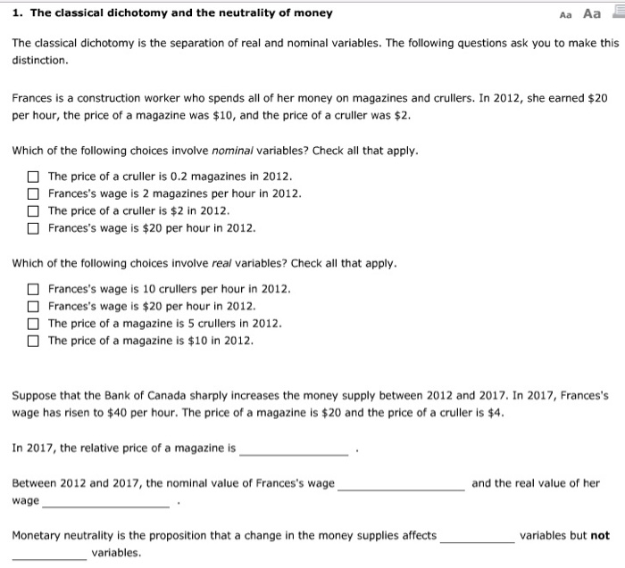Solved 1. The classical dichotomy and the neutrality of | Chegg.com