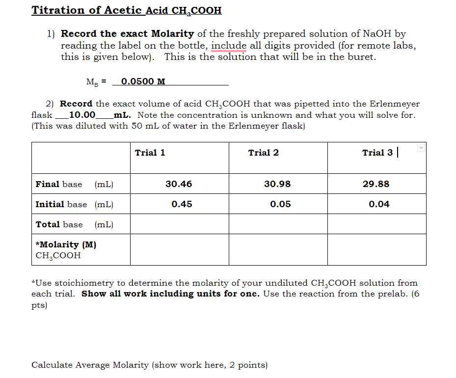 Solved Titration of Acetic Acid CH COOH 1) Record the exact | Chegg.com