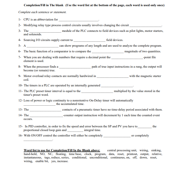 Solved Completion/Fill in the blank (Use the word list at | Chegg.com
